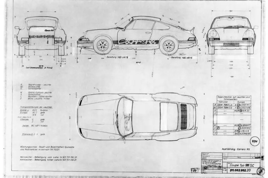 Mpempe akwụkwọ teknụzụ nke Porsche 911 Carrera RS 2.7 sitere na 1972